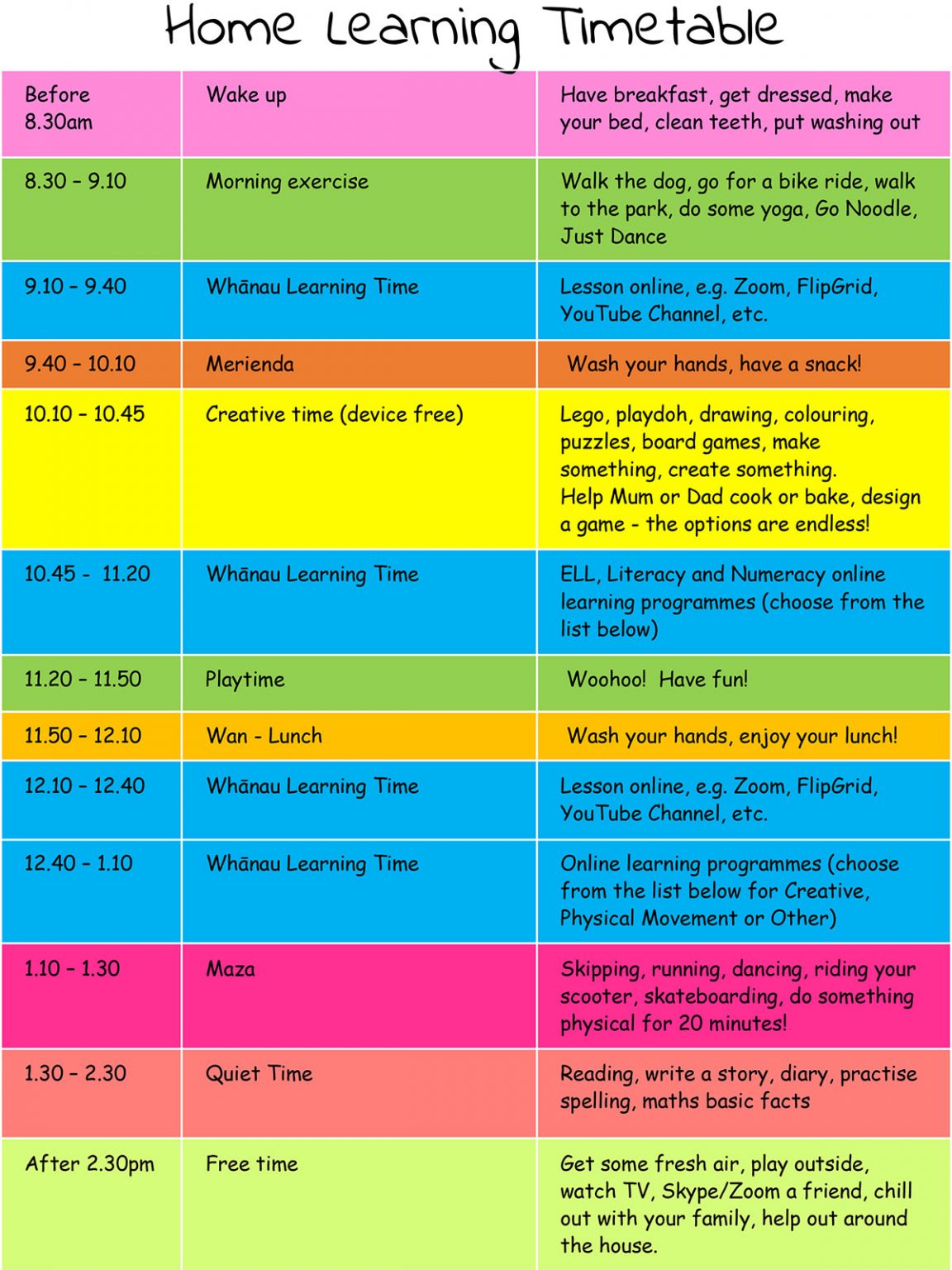 Home Learning Timetable - Te Uho o te Nikau Primary School