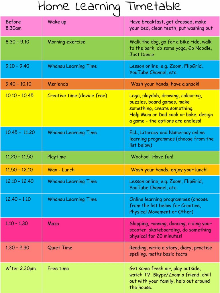Home Learning Timetable - Te Uho o te Nikau Primary School